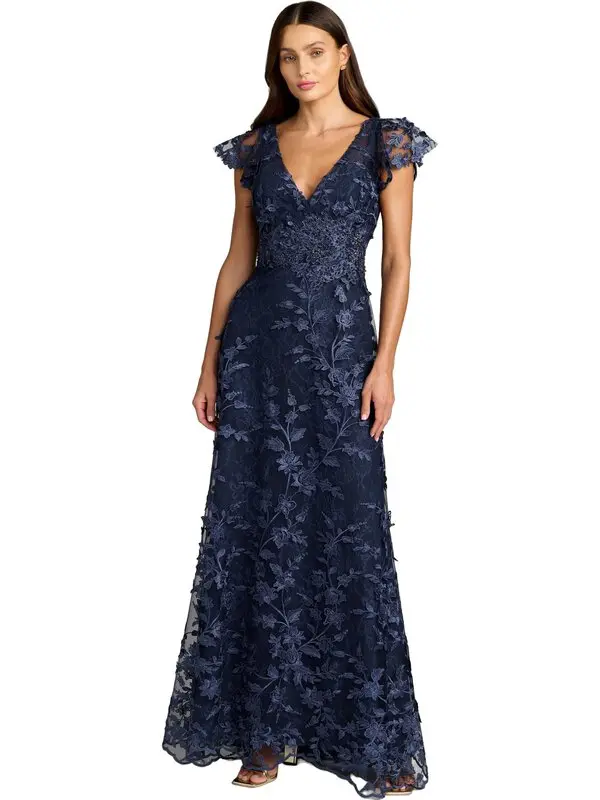 Mac Duggal Petite Floral Embroidered Lace Flutter Sleeve Gown - Navy