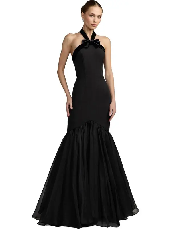 Mac Duggal Petite Sleeveless Halter Neck Mermaid Gown With Bow - Black