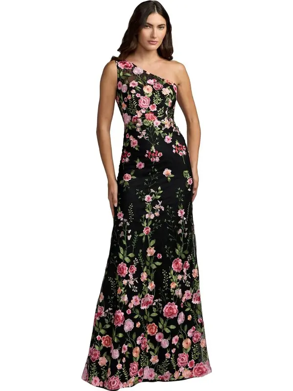 Mac Duggal Petite One Shoulder Floral Embroidered Gown - Black