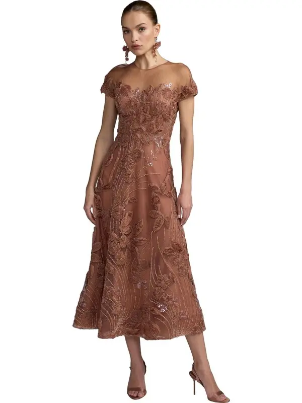 Mac Duggal Embellished Lace Illusion Cocktail Dress - Brown