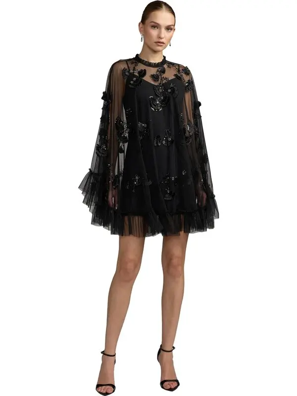 Mac Duggal Embellished Long Sleeve Trapeze Dress With Ruffle Hem - Black