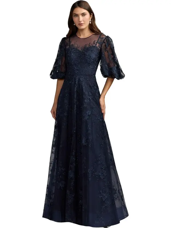 Mac Duggal Navy Embroidered Puff Sleeve A-line Gown - Midnight