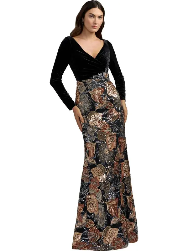 Mac Duggal Long Sleeve Velvet Gown With Floral Embellishment - Black Multi