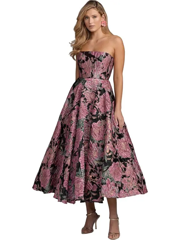 Mac Duggal Strapless Brocade Midi Dress With Pockets - Pink