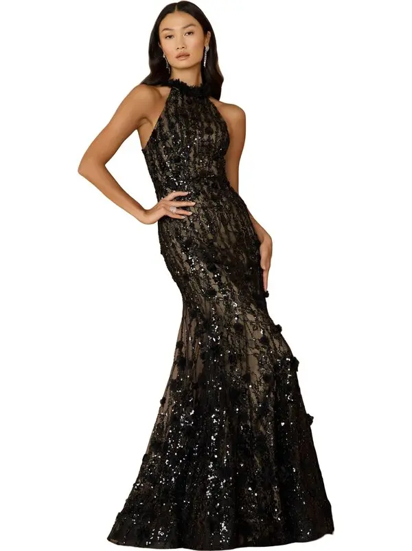 MAC DUGGAL COLLECTION Embellished Lace Halter Neck Mermaid Gown - Black