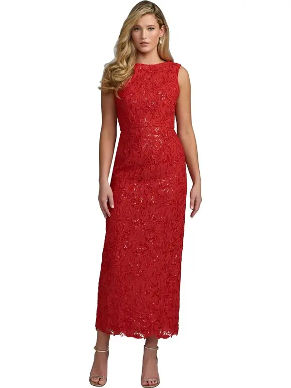 Mac Duggal Sleeveless Embroidered Lace Midi Dress - Red