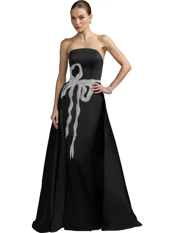 Mac Duggal Strapless Embellished Satin Gown With Overskirt - Black