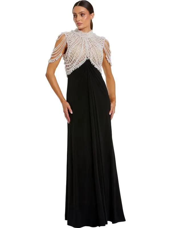 Mac Duggal Embellished High Neck Jersey Gown With Pearl Detailing - Black