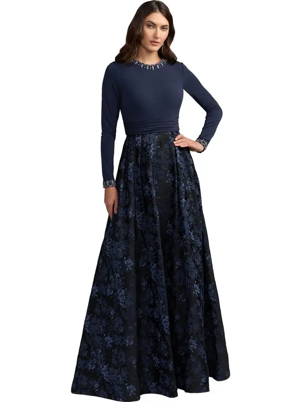 Mac Duggal Navy Floral Brocade A-line Gown With Pockets - Midnight