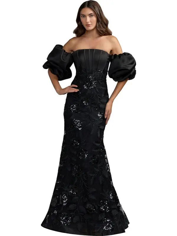 Mac Duggal Off-the-shoulder Satin Puff Sleeve Mermaid Gown With Embroidery And Sequins - Black
