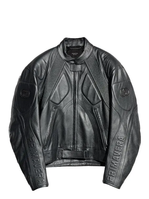Gucci Grainy Laminated Bull Leather Jacket With Embroidered Details - Grey