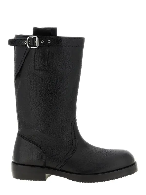Dries Van Noten Mid Calf Biker Boots With Buckle Detail - Black