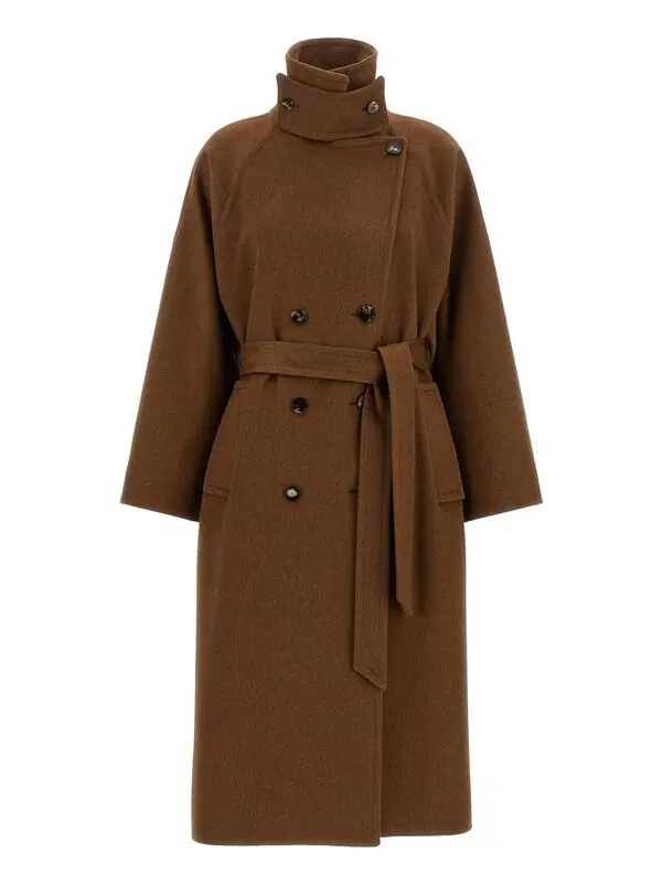 Alberto Biani Double-breasted Belted Coat In Virgin Wool - Brown