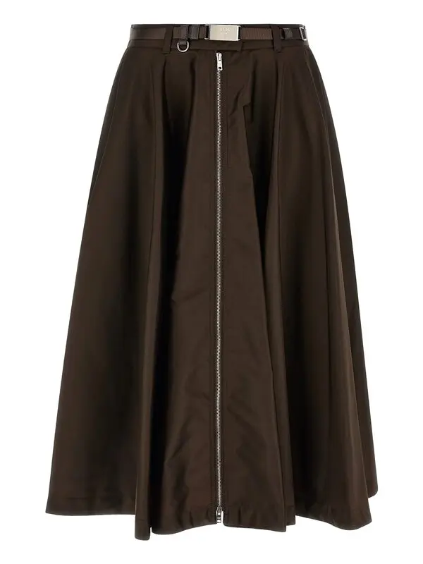 Prada Flared Midi Skirt With Front Zip And Belt - Brown