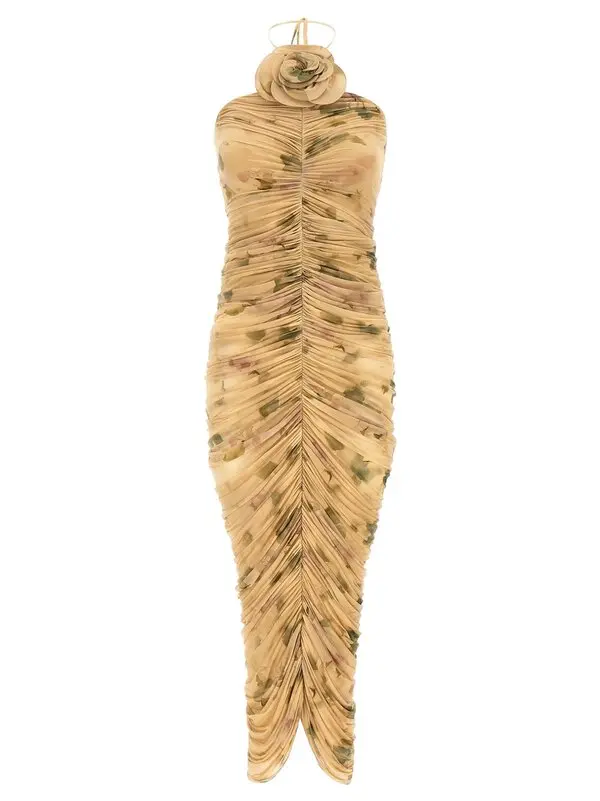 Magda Butrym Dress 37" Ruched Floral Print Maxi Dress With 3d Floral Applique - Beige