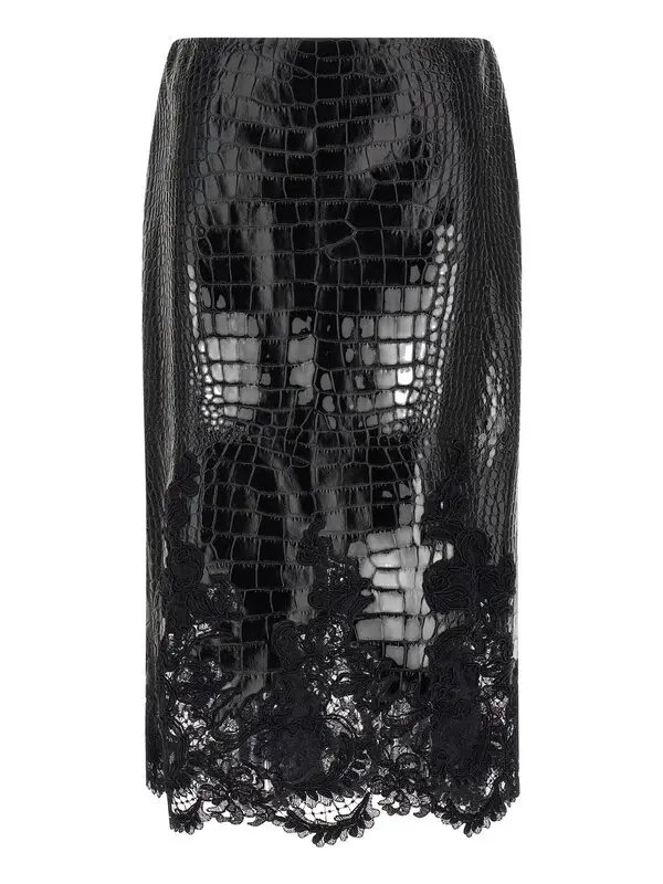 Ermanno Scervino Croc-embossed Leather Midi Skirt With Lace Trim - Black