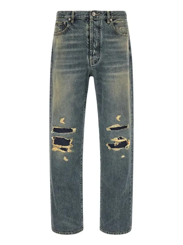 MAISON MARGIELA Distressed Straight Leg Denim Trousers - Light Blue