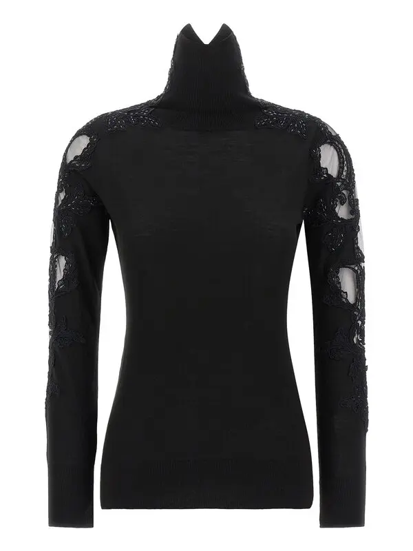 Ermanno Scervino Virgin Wool High Neck Sweater With Lace Inserts - Black
