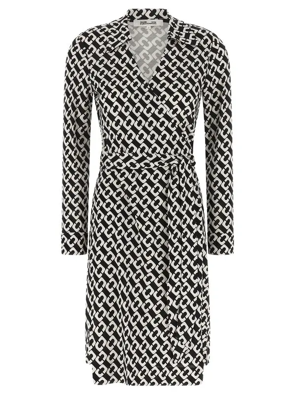 Diane Von Furstenberg Geometric Chain Print Silk Jersey Wrap Dress - White/black