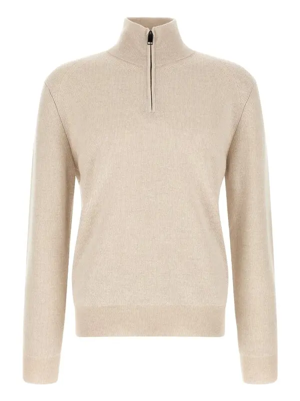 Brioni High Neck Half Zip Ribbed Sweater - Beige