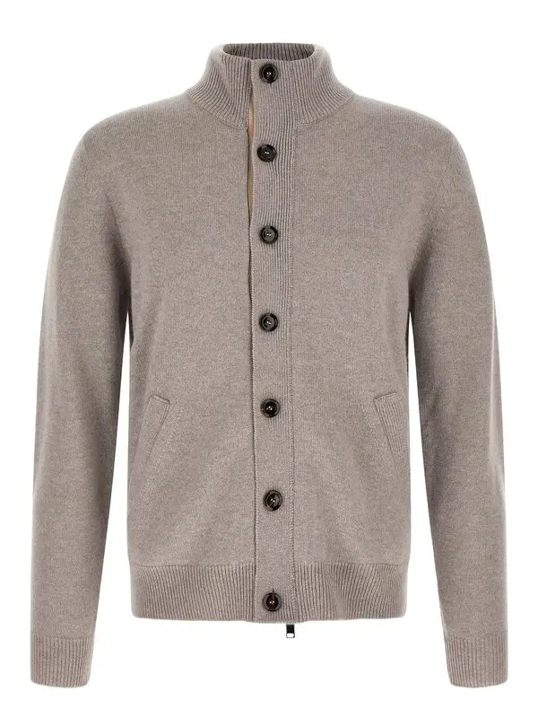 Brioni Cashmere Ribbed Collar Cardigan - Beige