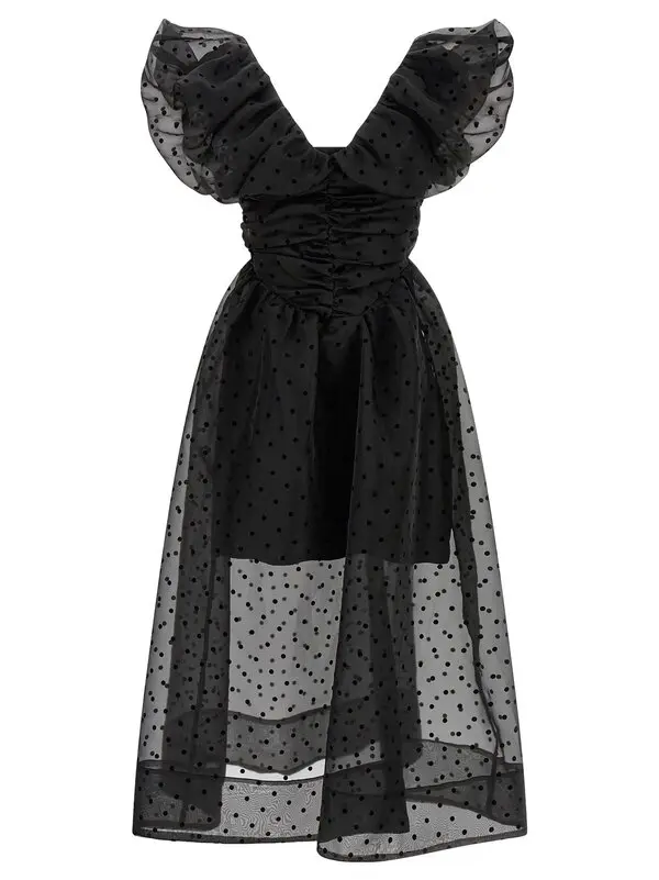 GANNI Organza Ruched Midi Dress - Black