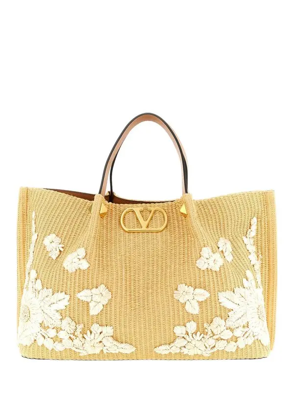 Valentino Garavani Medium Raffia Shopping Bag With Floral Embroidery - Beige