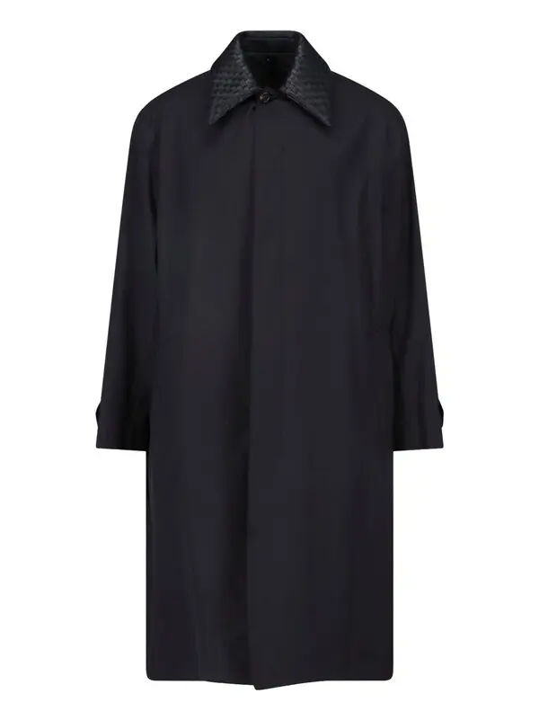 Bottega Veneta Wool And Silk Blend Coat With Intrecciato Leather Collar - Black