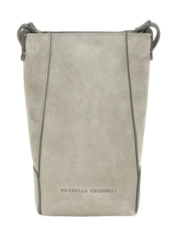 Brunello Cucinelli Suede Bucket Bag With Monili Detail - Gray