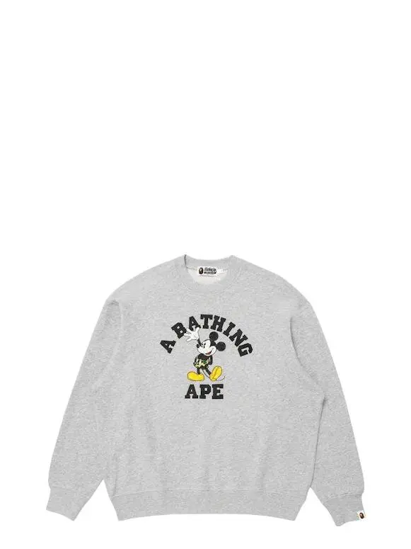 A BATHING APE X Disney Mickey Mouse College Logo Crewneck Sweatshirt - Gray