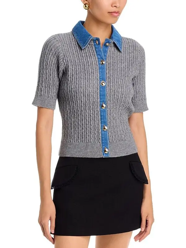 Aqua Rosie Contrast Cable Knit Cardigan - Heather Grey