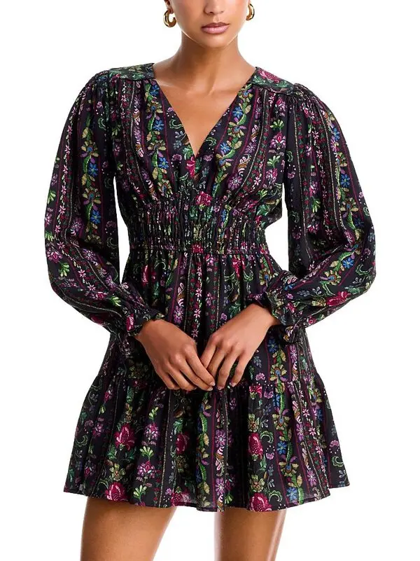 Aqua Floral Stripe V-neck Smocked Mini Dress - Black Multi