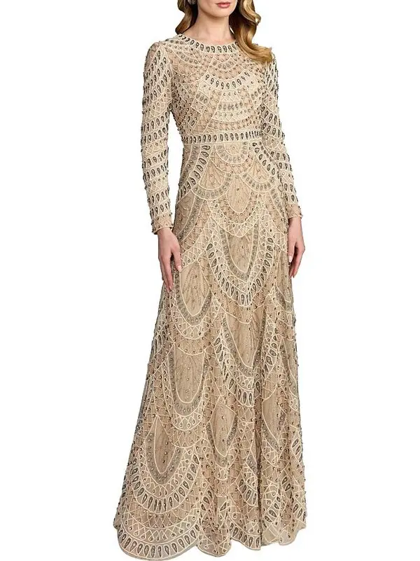 Mac Duggal Long Sleeve Beaded A-line Gown - Beige