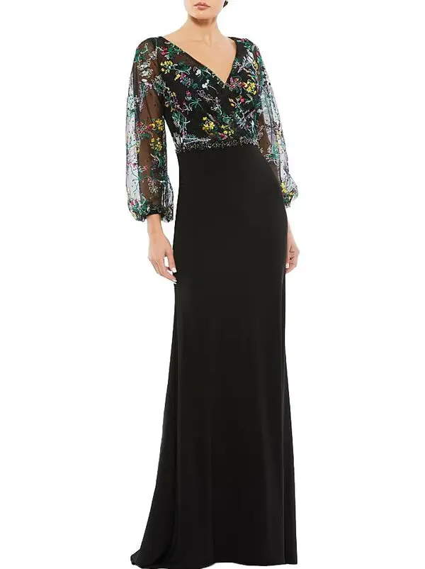 Mac Duggal Embroidered Illusion Puff Sleeve Gown - Black Multi