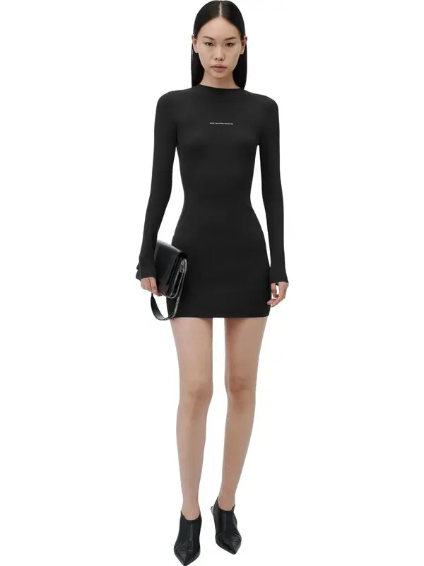 Alexander Wang Textured Logo Long Sleeve Crewneck Dress - Black