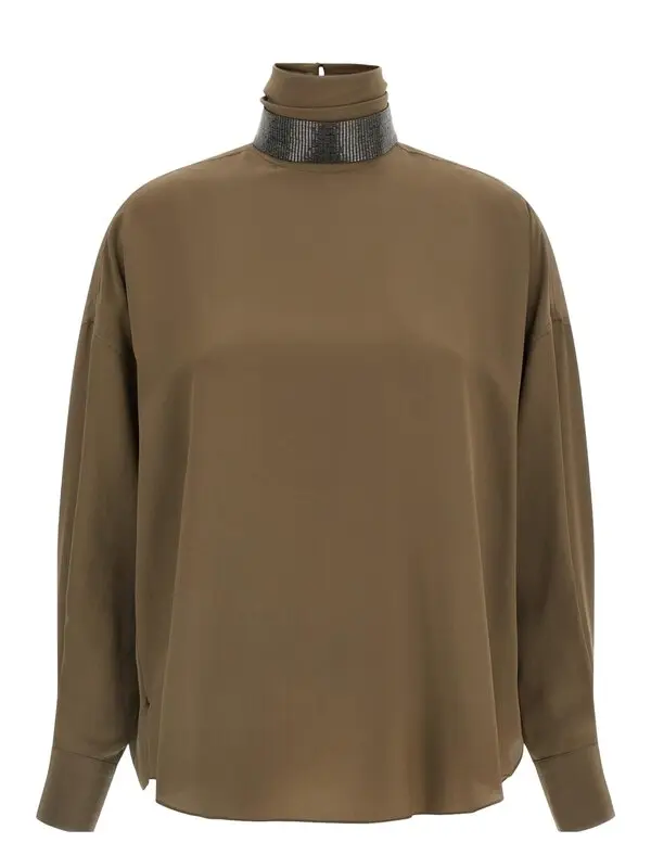 Brunello Cucinelli Embellished High Neck Top - Green