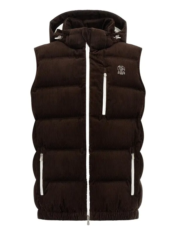 Brunello Cucinelli Embroidered Corduroy Puffer Vest - Brown