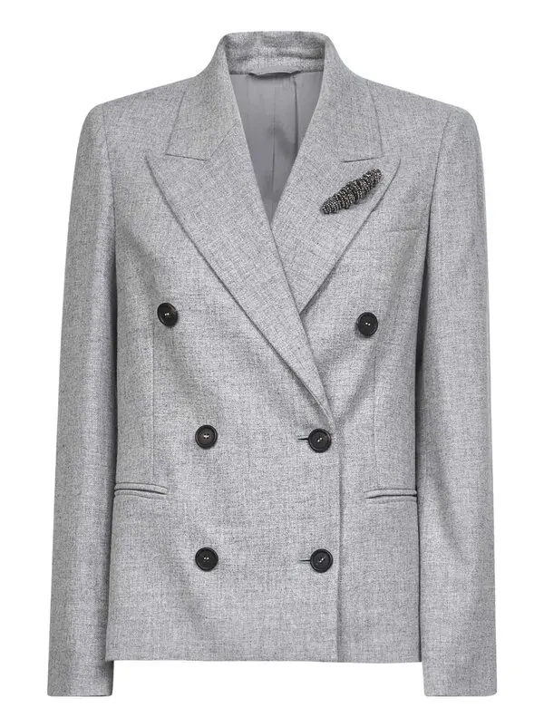 Brunello Cucinelli Monili Detailed Double-breasted Blazer - Gray