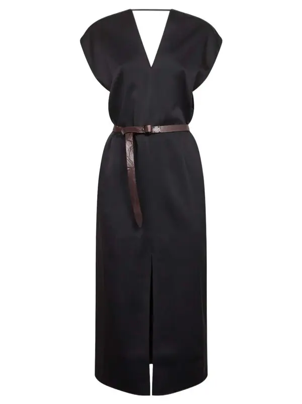 Brunello Cucinelli Belted V-neck Maxi Dress With Slit - Black