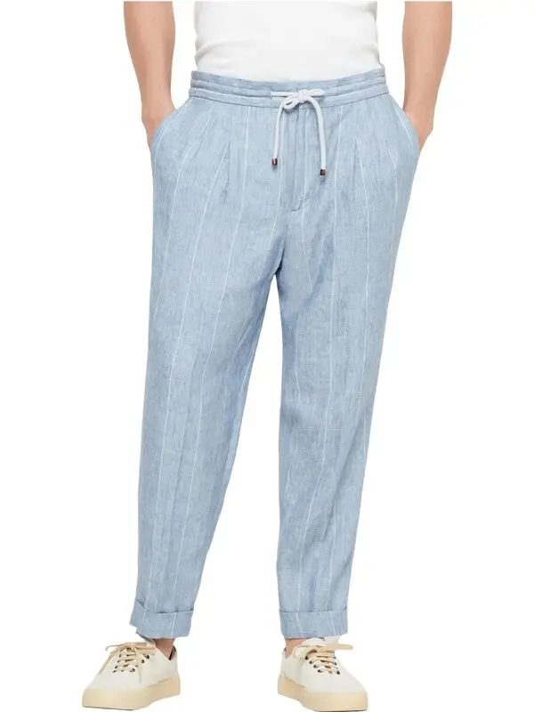 Brunello Cucinelli Tapered-leg Striped Linen Trousers - Blue