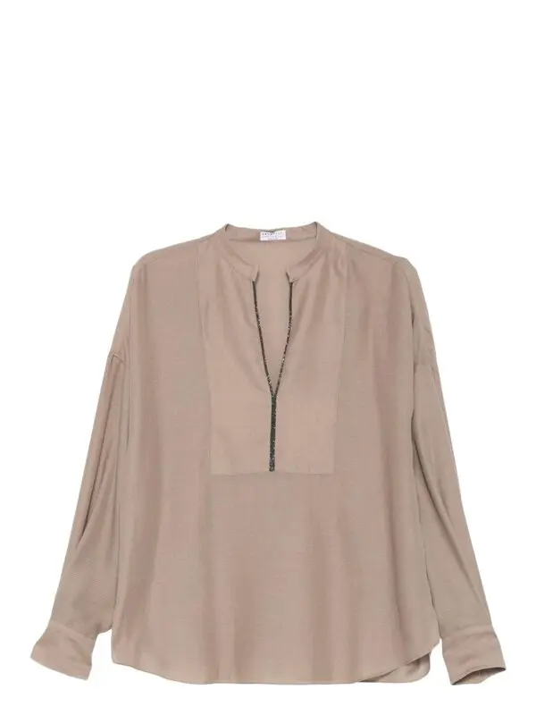 Brunello Cucinelli Stone-embellished V-neck Shirt - Nude
