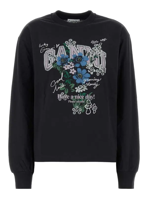 GANNI Long-sleeve Floral Print T-shirt - Phantom Black
