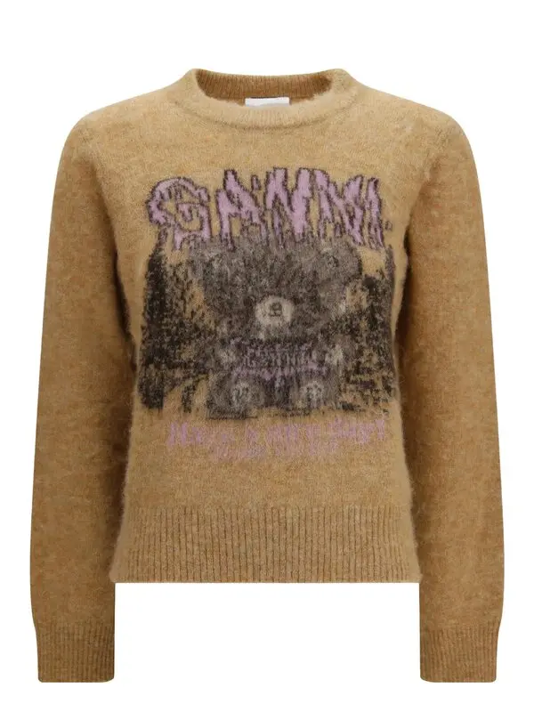 GANNI Graphic Intarsia Crew Neck Sweater - Beige