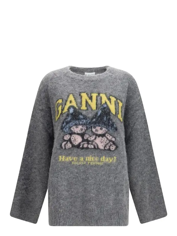 GANNI Have A Nice Day" Graphic Knit Sweater - Grey
