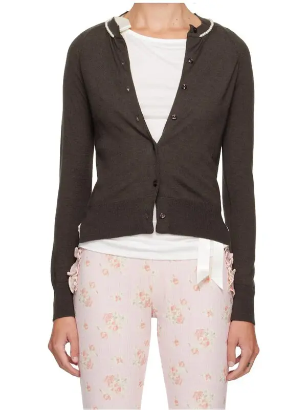 Simone Rocha Long-sleeve Open-front Knit Cardigan With Pearl Trim - Brown