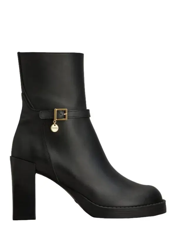 TOD'S Heeled Leather Ankle Boots With Buckle Detail - Black