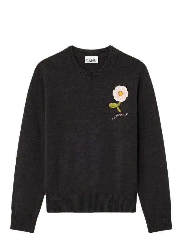 GANNI Jumper With Crochet Flower Detail - Phantom Black