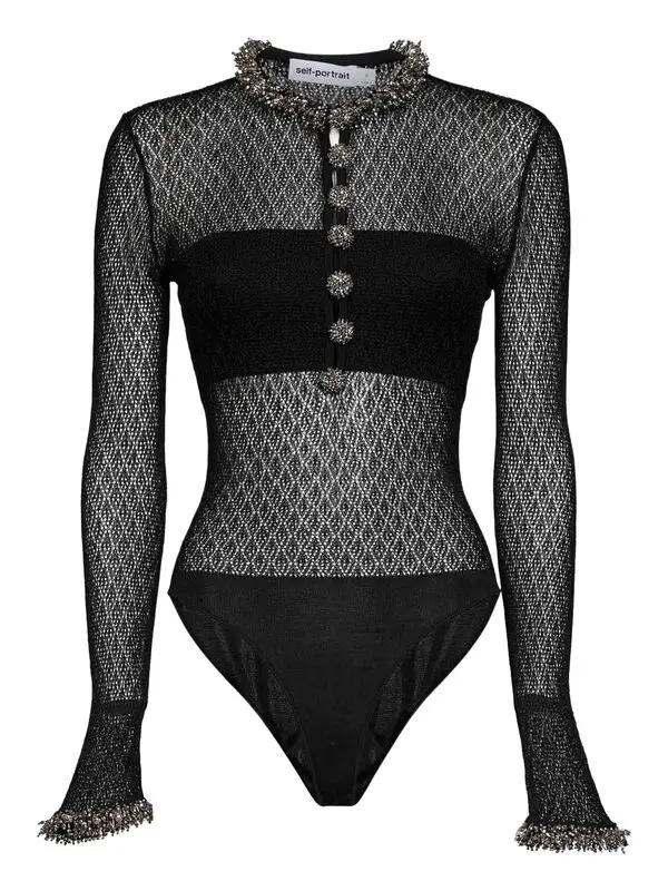 SELF-PORTRAIT Diamond Pattern Sheer Lace Bodysuit With Beaded Trims - Black