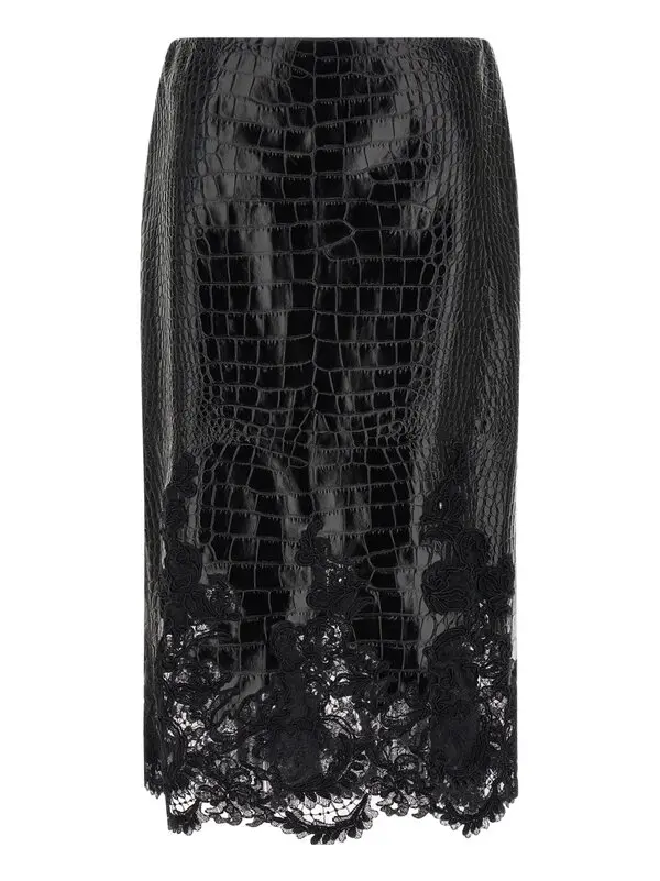 Ermanno Scervino Croc-embossed Midi Skirt With Lace Hem - Black