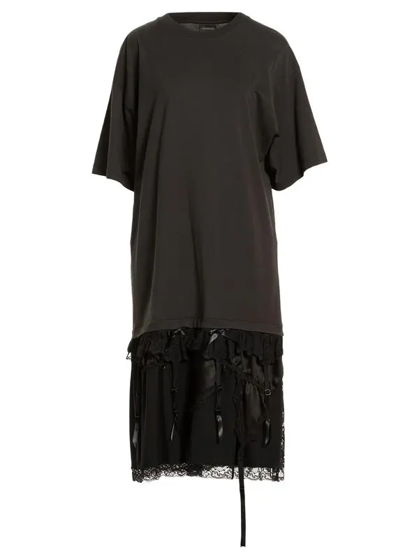 Balenciaga Tiered T-shirt Dress With Lace And Satin Trims - Black